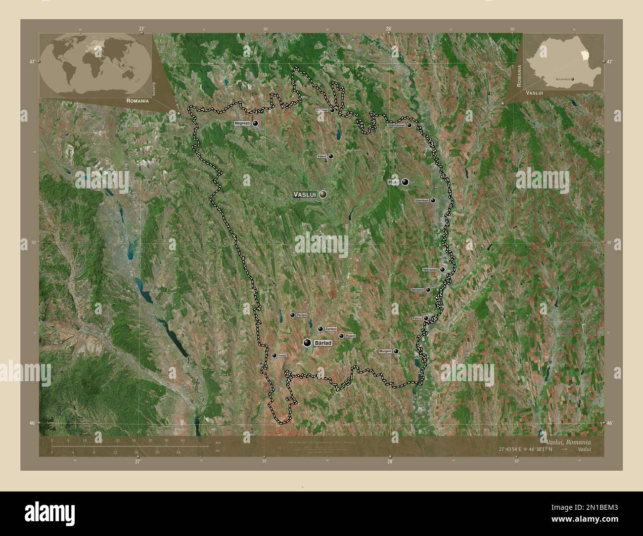Vaslui, county of Romania. High resolution satellite map. Locations and ...