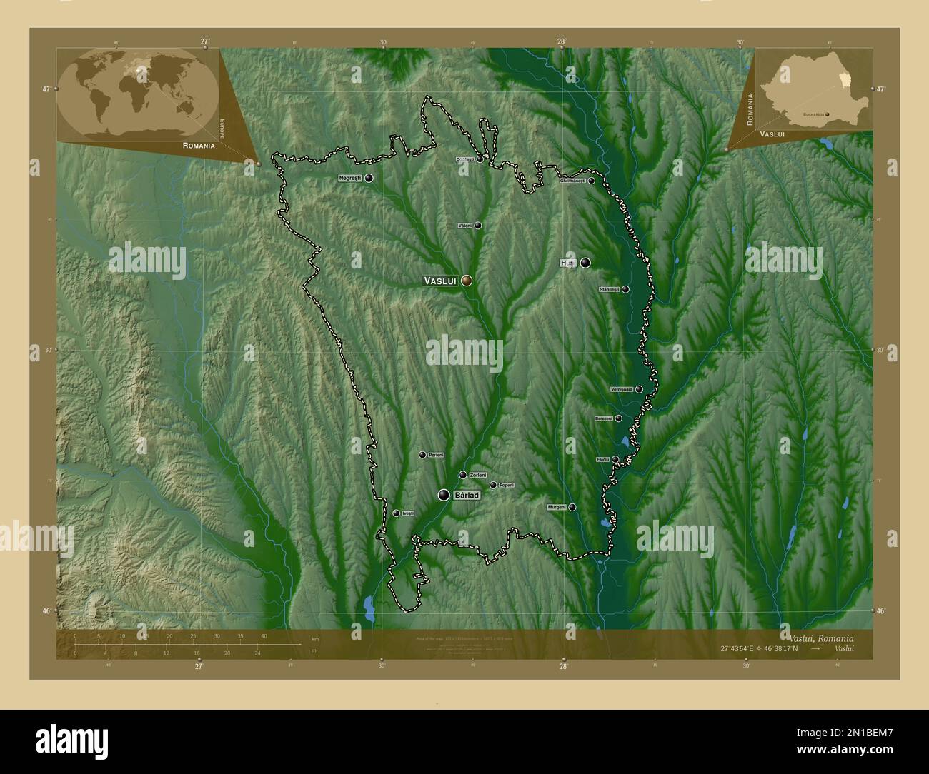 Vaslui, county of Romania. Colored elevation map with lakes and rivers ...