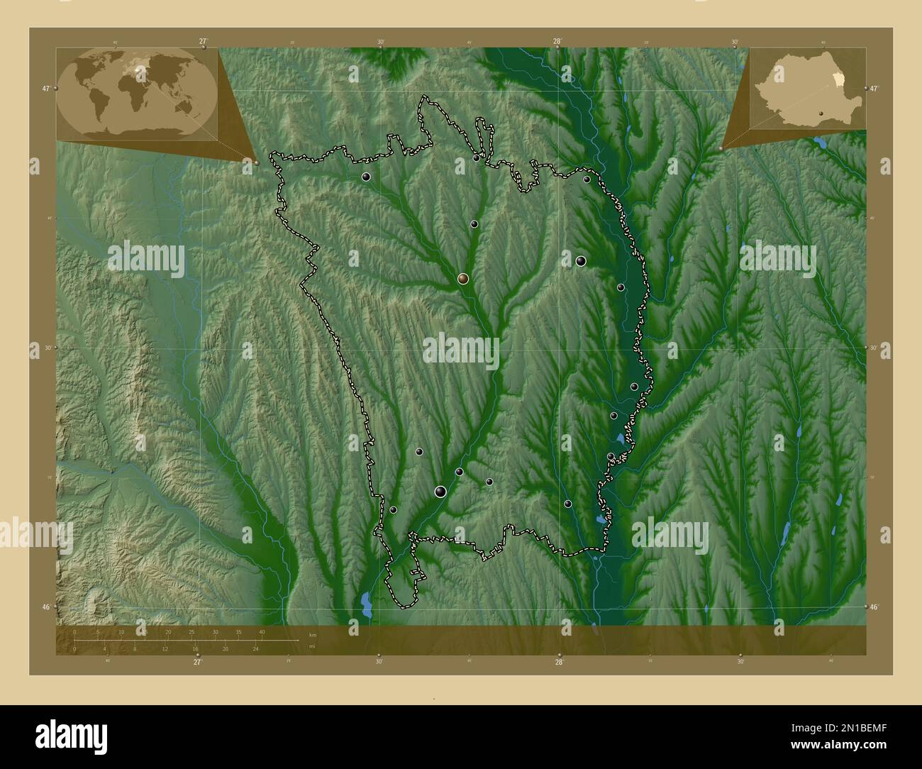 Vaslui, county of Romania. Colored elevation map with lakes and rivers ...
