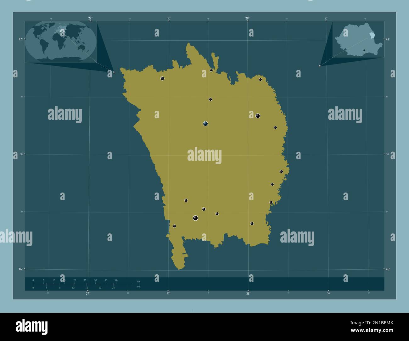 Vaslui, county of Romania. Solid color shape. Locations of major cities ...