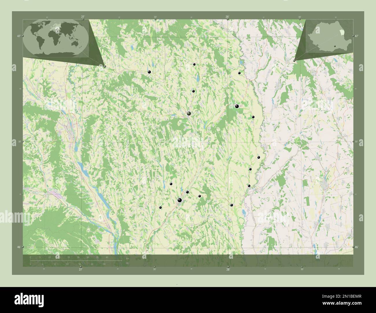 Vaslui, county of Romania. Open Street Map. Locations of major cities ...