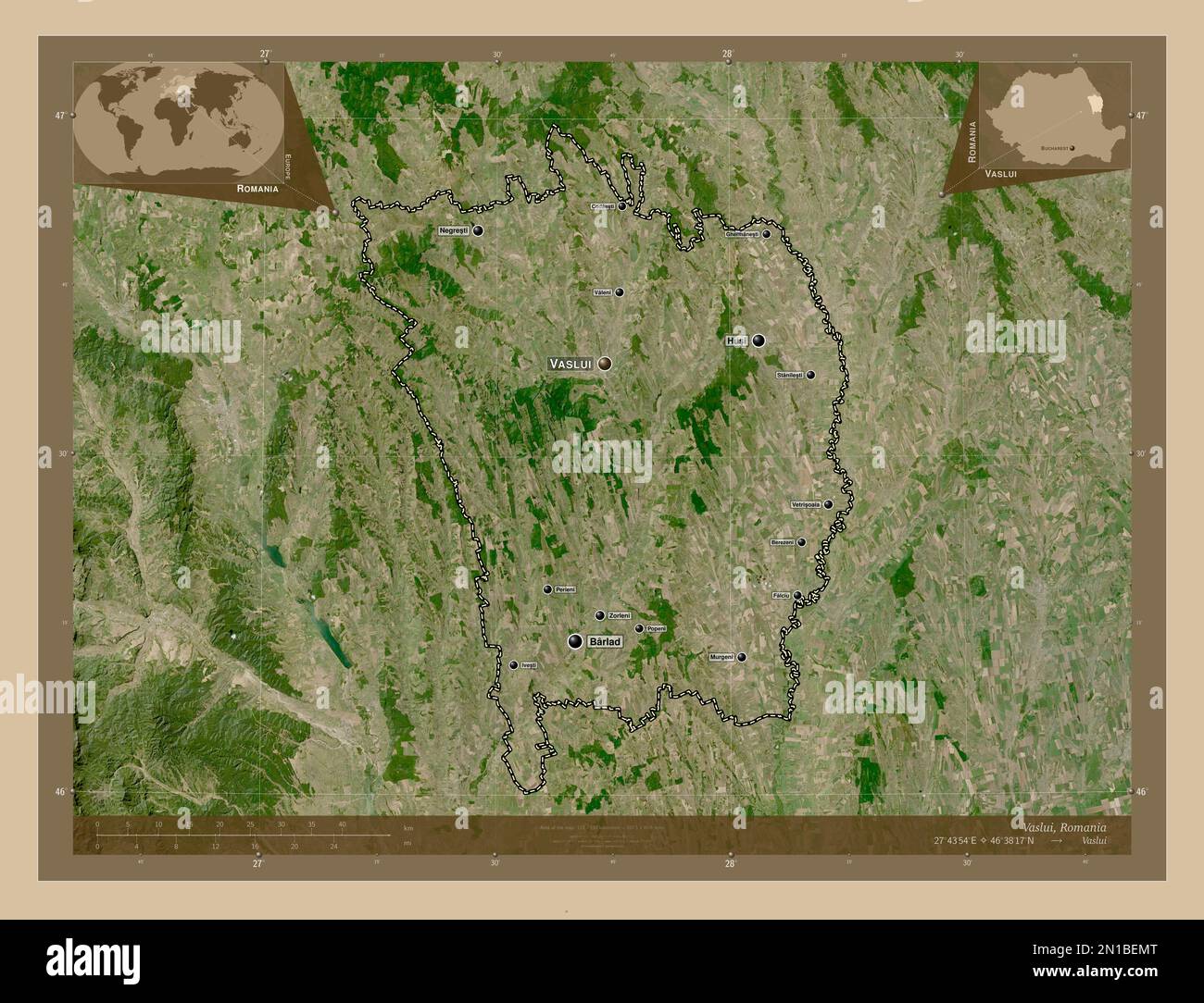 Vaslui, county of Romania. Low resolution satellite map. Locations and ...