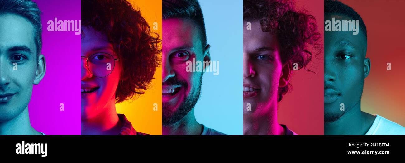 Close-up. Cropped male and female halves of faces, placed on narrow ...