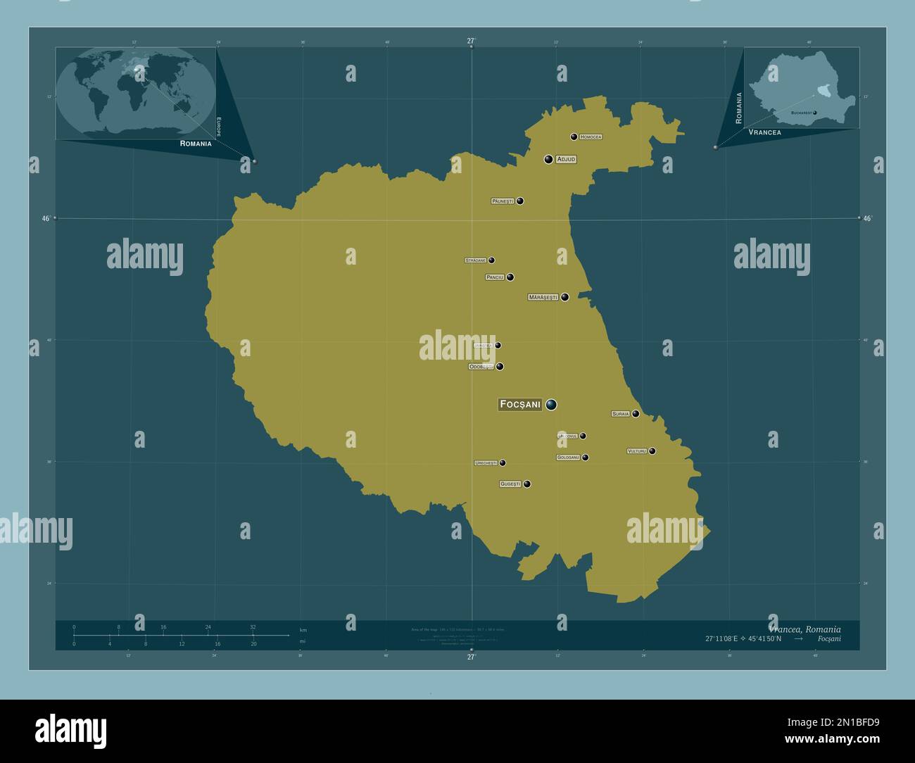 Vrancea, county of Romania. Solid color shape. Locations and names of ...