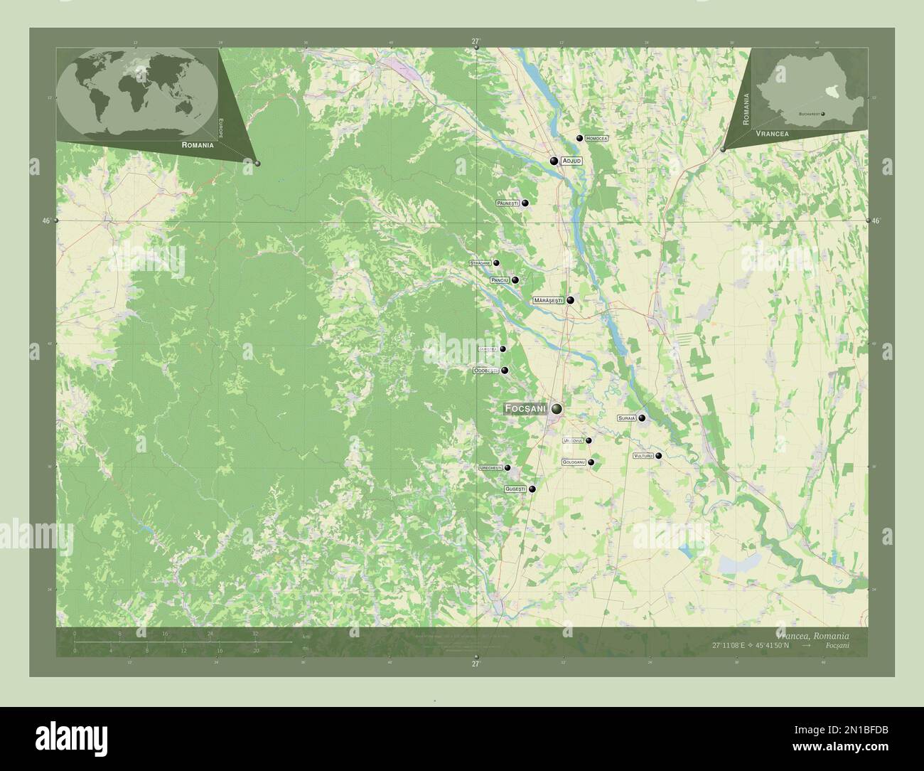 Vrancea, county of Romania. Open Street Map. Locations and names of ...
