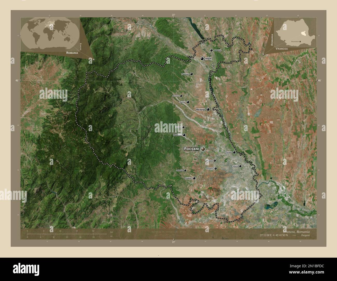 Vrancea, county of Romania. High resolution satellite map. Locations ...