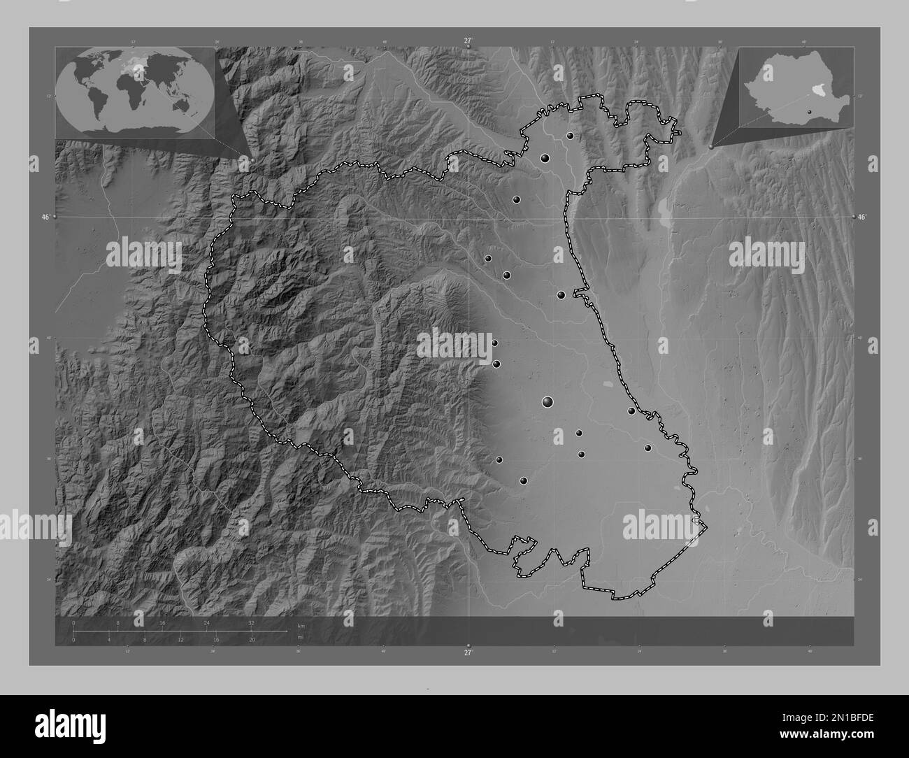 Vrancea, county of Romania. Grayscale elevation map with lakes and ...