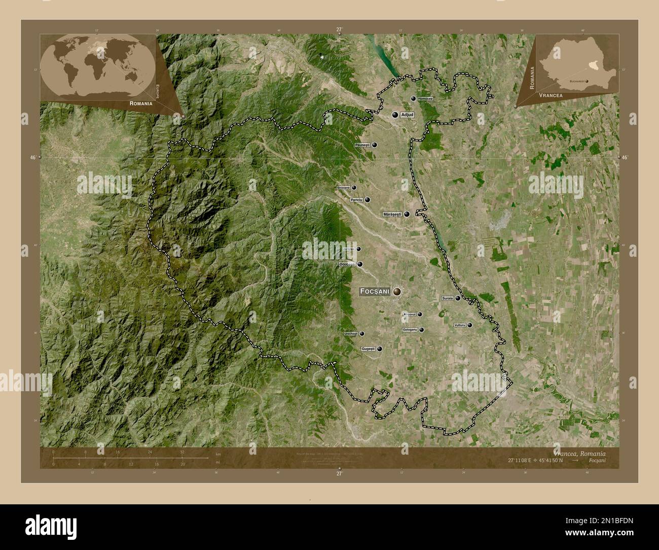 Vrancea, county of Romania. Low resolution satellite map. Locations and ...