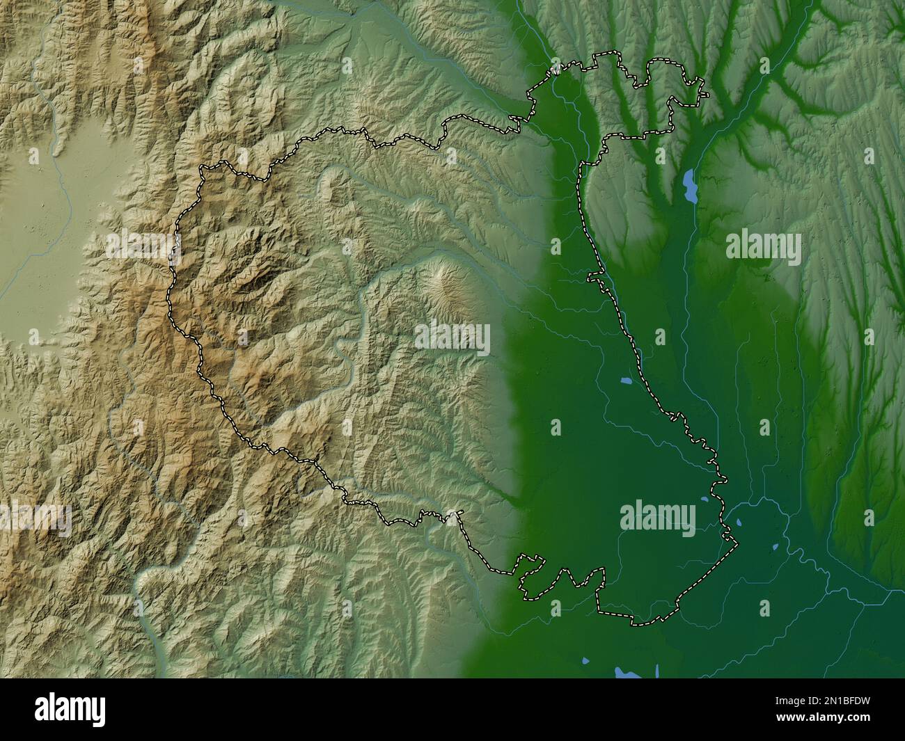Vrancea, county of Romania. Colored elevation map with lakes and rivers ...
