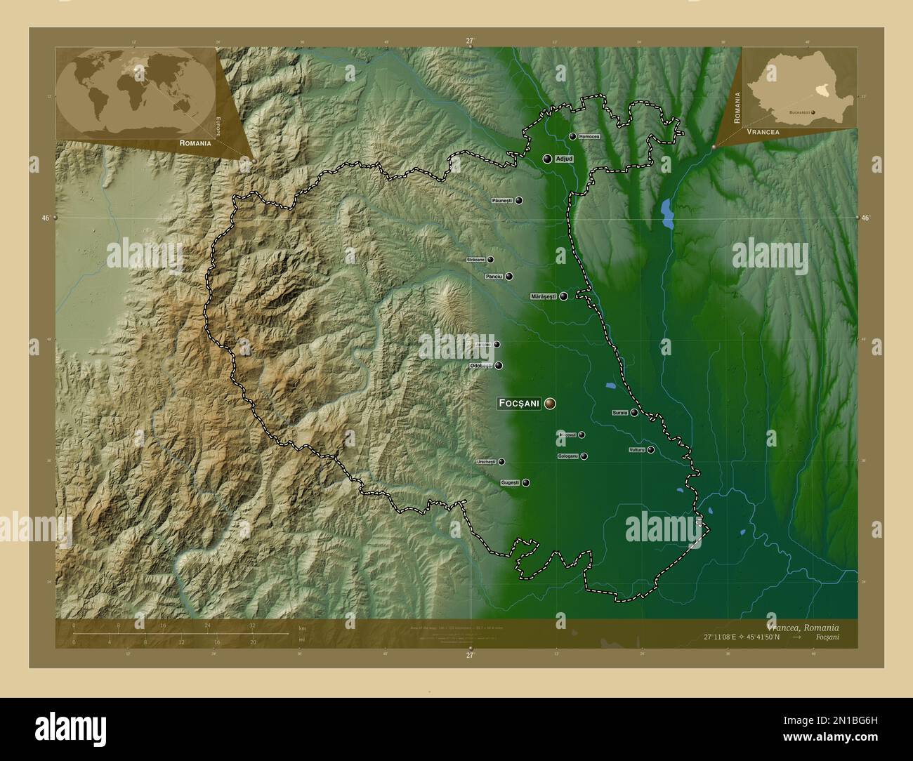 Vrancea, county of Romania. Colored elevation map with lakes and rivers ...