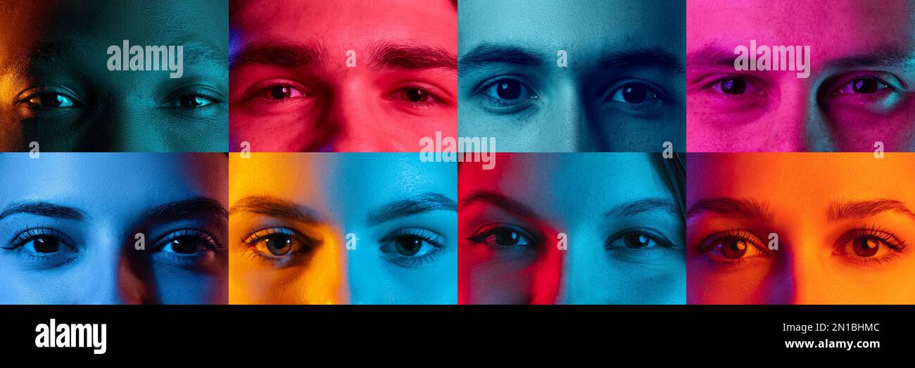 Unlike the others. Close-up. Cropped male and female faces, eyes ...