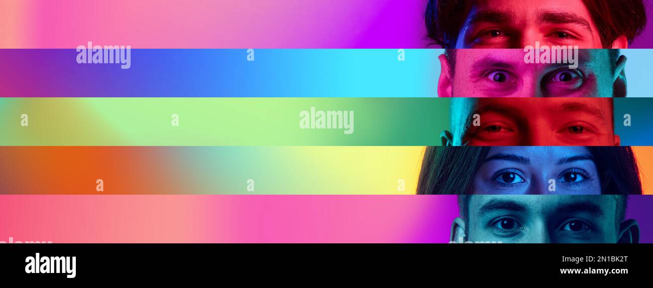 Cropped male and female different eyes placed on colored narrow stripes ...