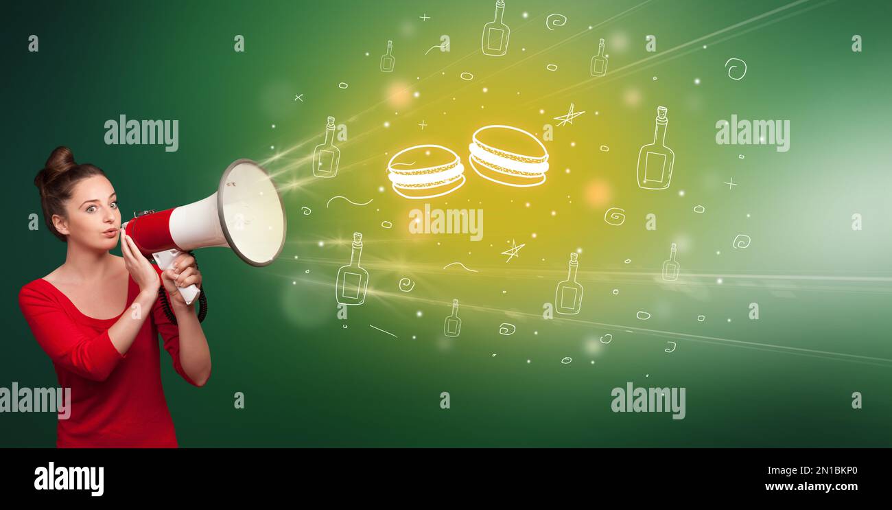 Young person with megaphone and healthy food icon Stock Photo - Alamy