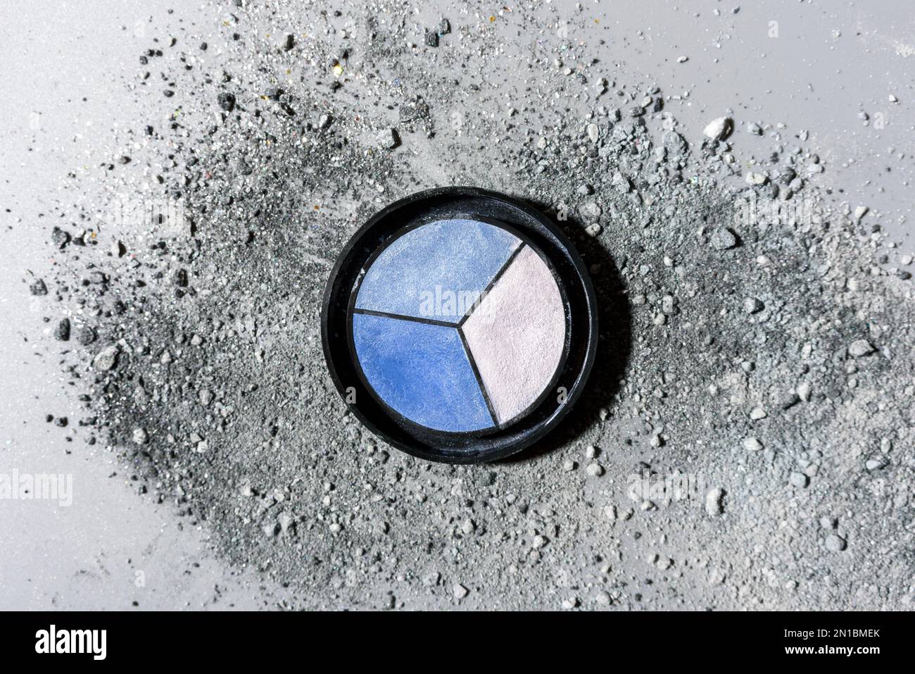Round Box with blue eye shadows on crushed grey powder with glitter ...