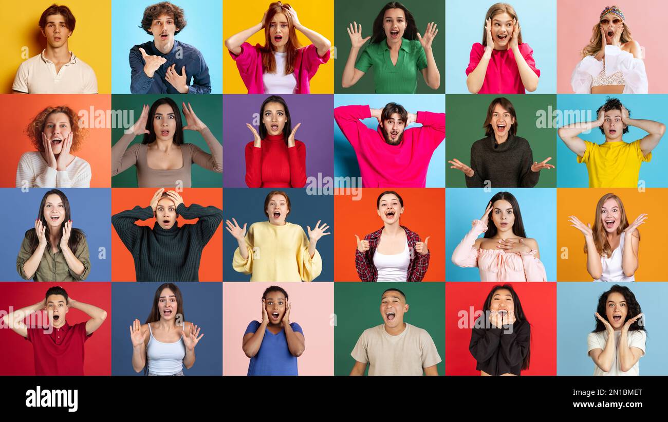 Human emotions. Collage of ethnically diverse people, men and women ...