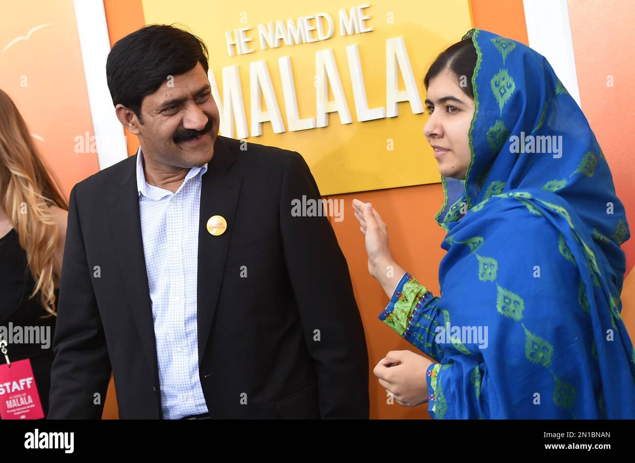 Malala Yousafzai and her father Ziauddin Yousafzai attend the premiere ...