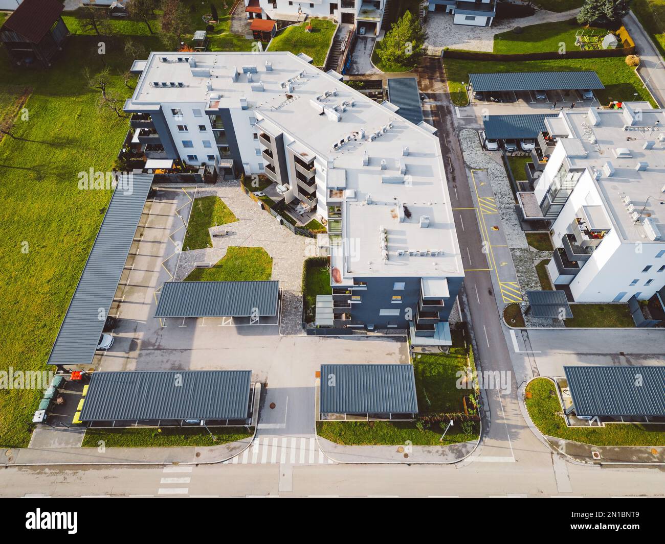 Aerial view of newly built residential building with apartments Stock ...