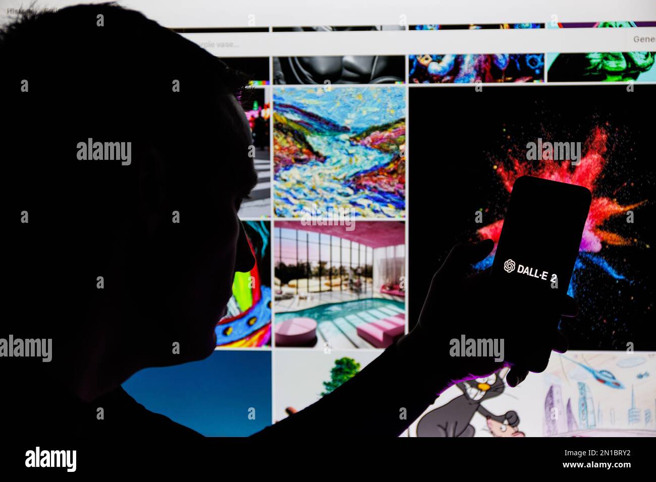 Man silhouette, Dall-e 2 logo on smartphone. OpenAI Dall-E 2 AI artwork ...