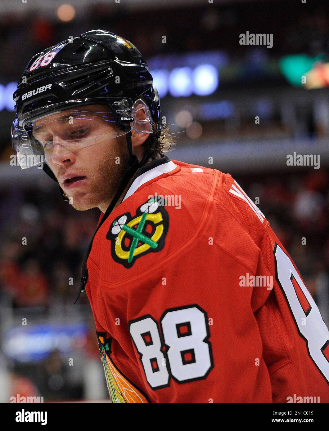 Chicago Blackhawks right wing Patrick Kane (88) warms up before a pre ...