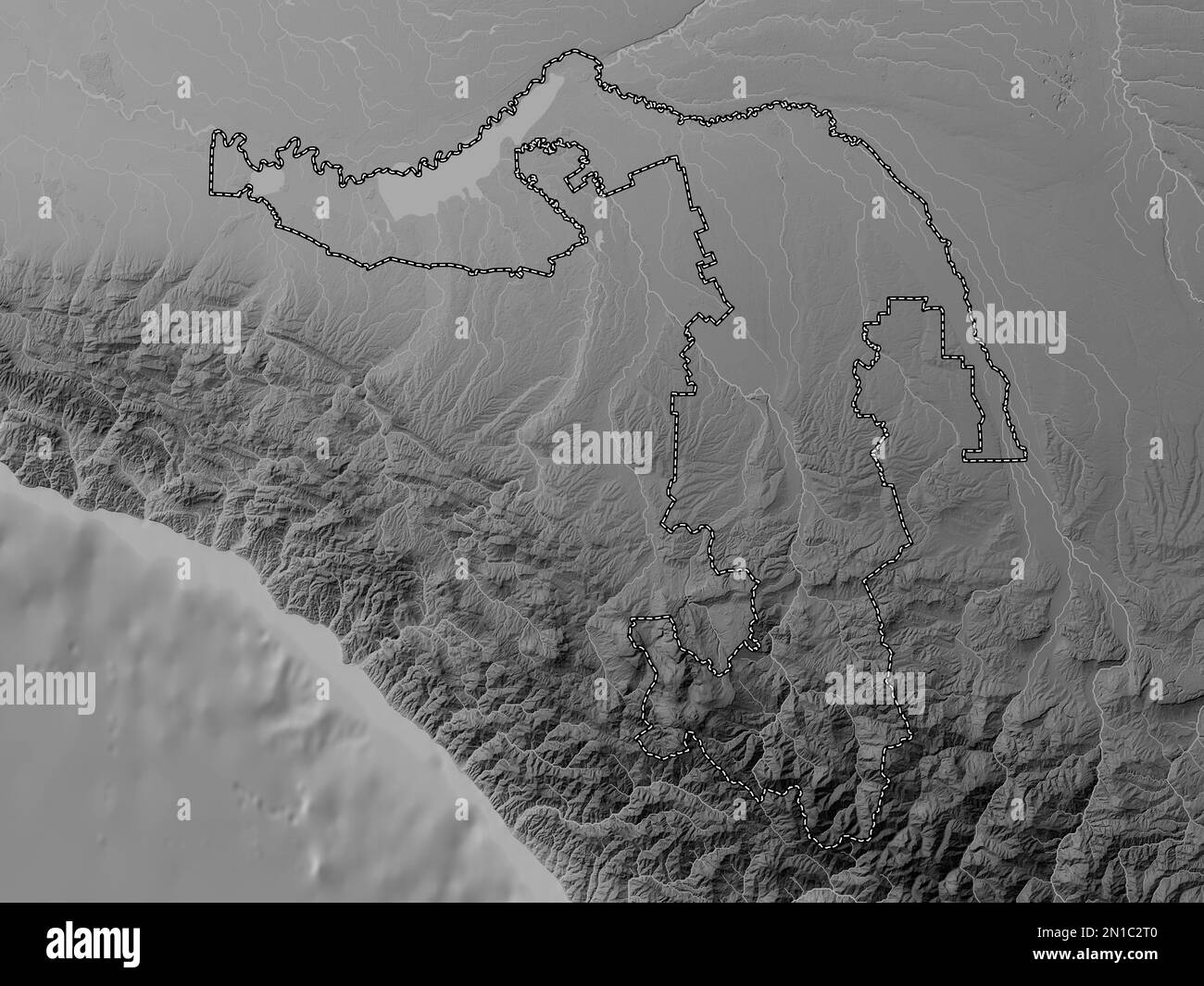 Adygey, republic of Russia. Grayscale elevation map with lakes and ...