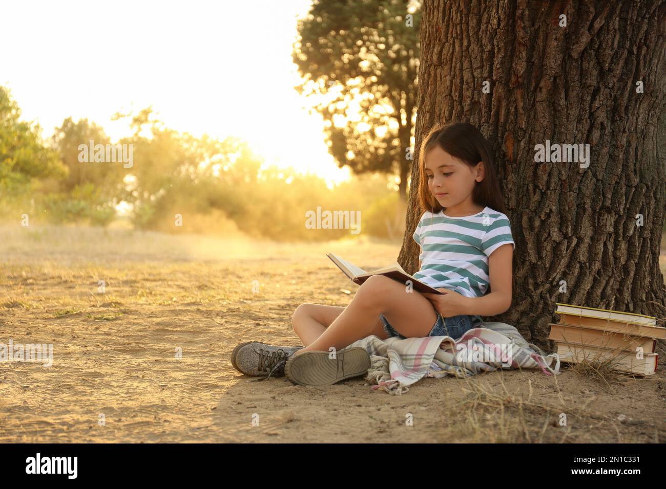 Cute little girl reading book near tree in park Stock Photo - Alamy