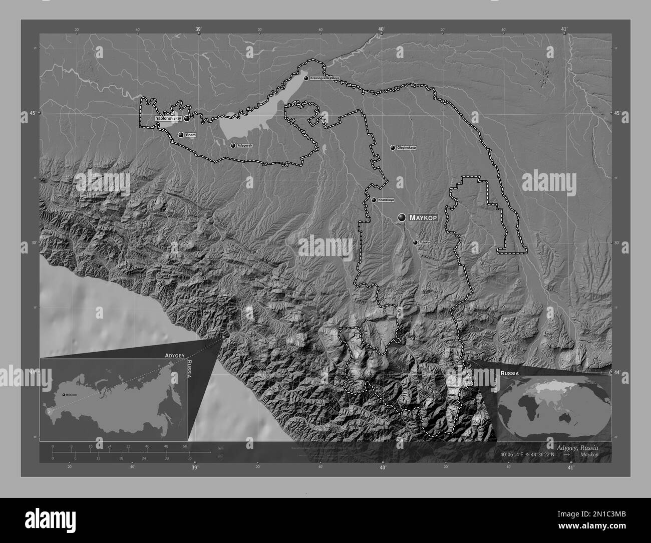 Adygey, republic of Russia. Bilevel elevation map with lakes and rivers ...