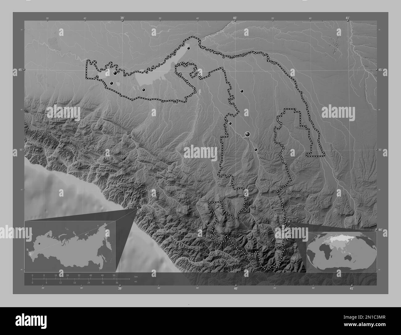 Adygey, republic of Russia. Grayscale elevation map with lakes and ...