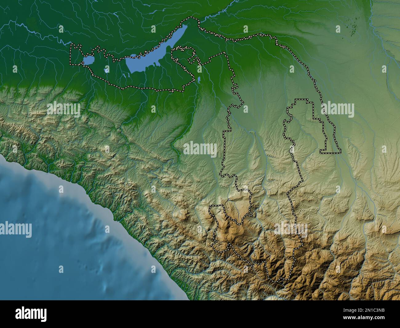 Adygey, republic of Russia. Colored elevation map with lakes and rivers ...