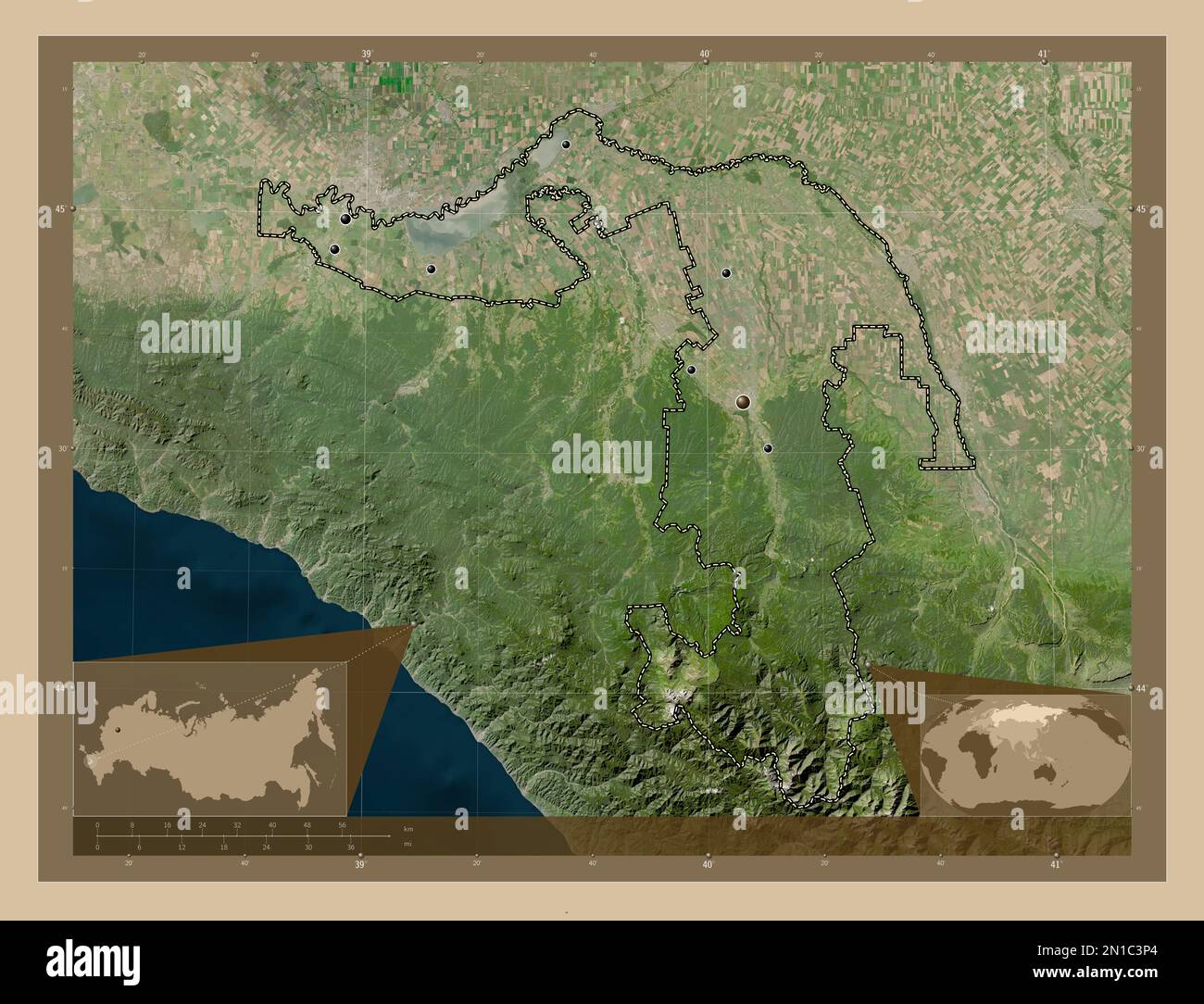 Adygey, republic of Russia. Low resolution satellite map. Locations of ...