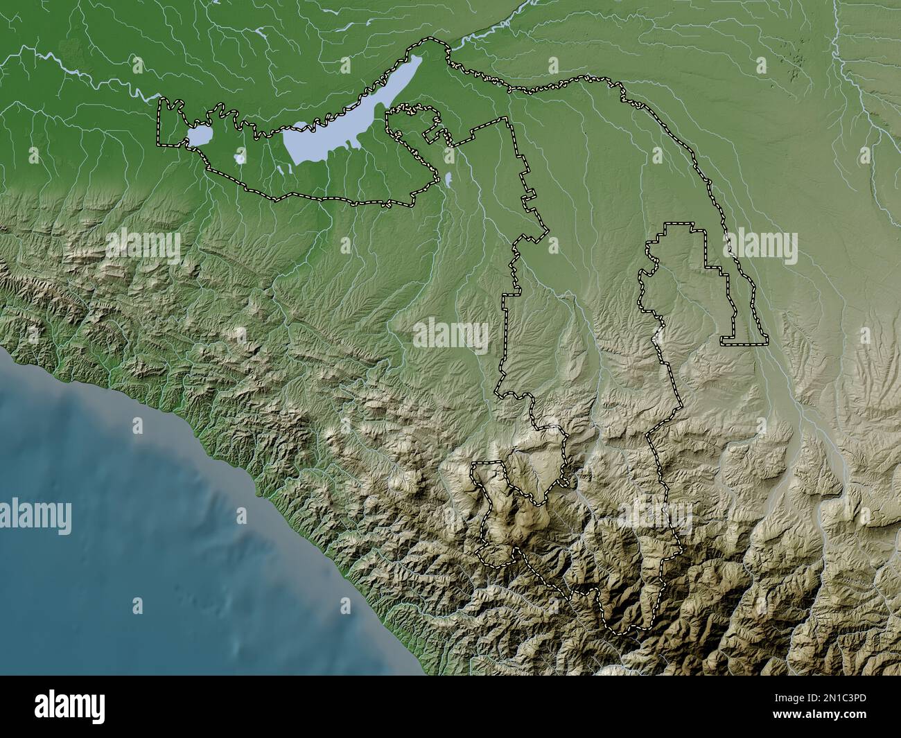 Adygey, republic of Russia. Elevation map colored in wiki style with ...
