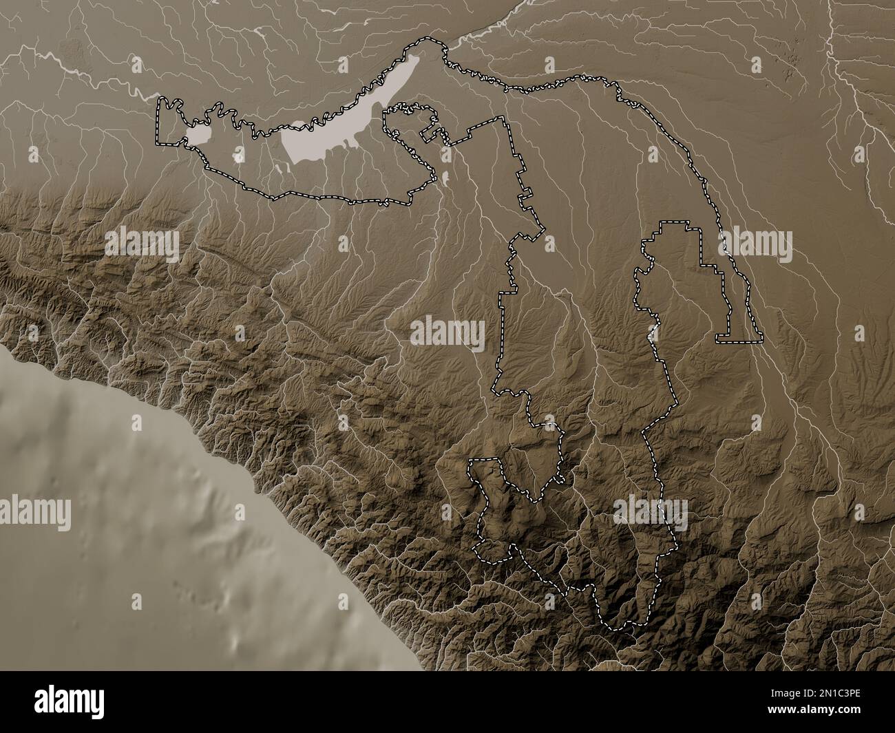 Adygey, republic of Russia. Elevation map colored in sepia tones with ...