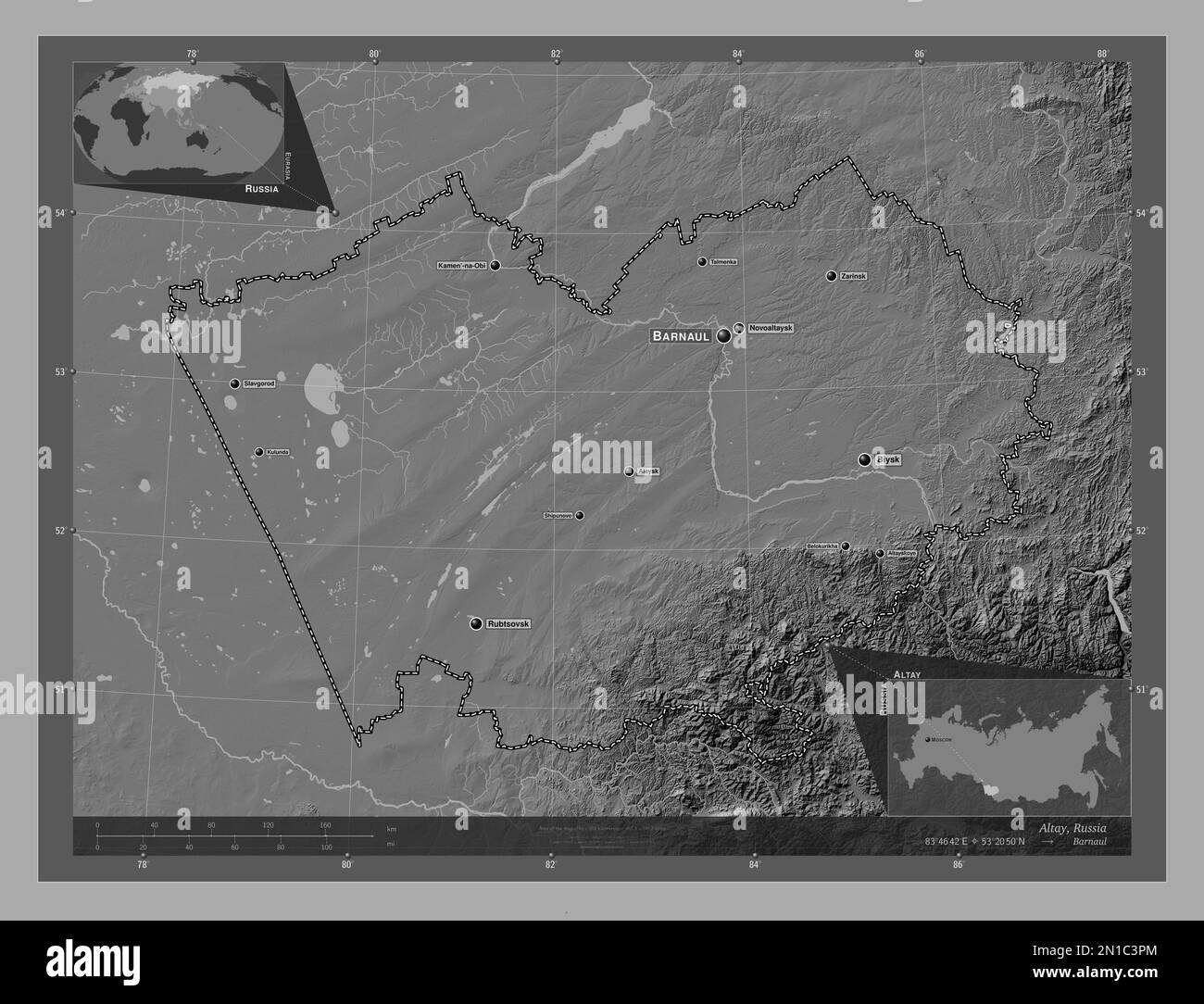 Altay, territory of Russia. Bilevel elevation map with lakes and rivers ...
