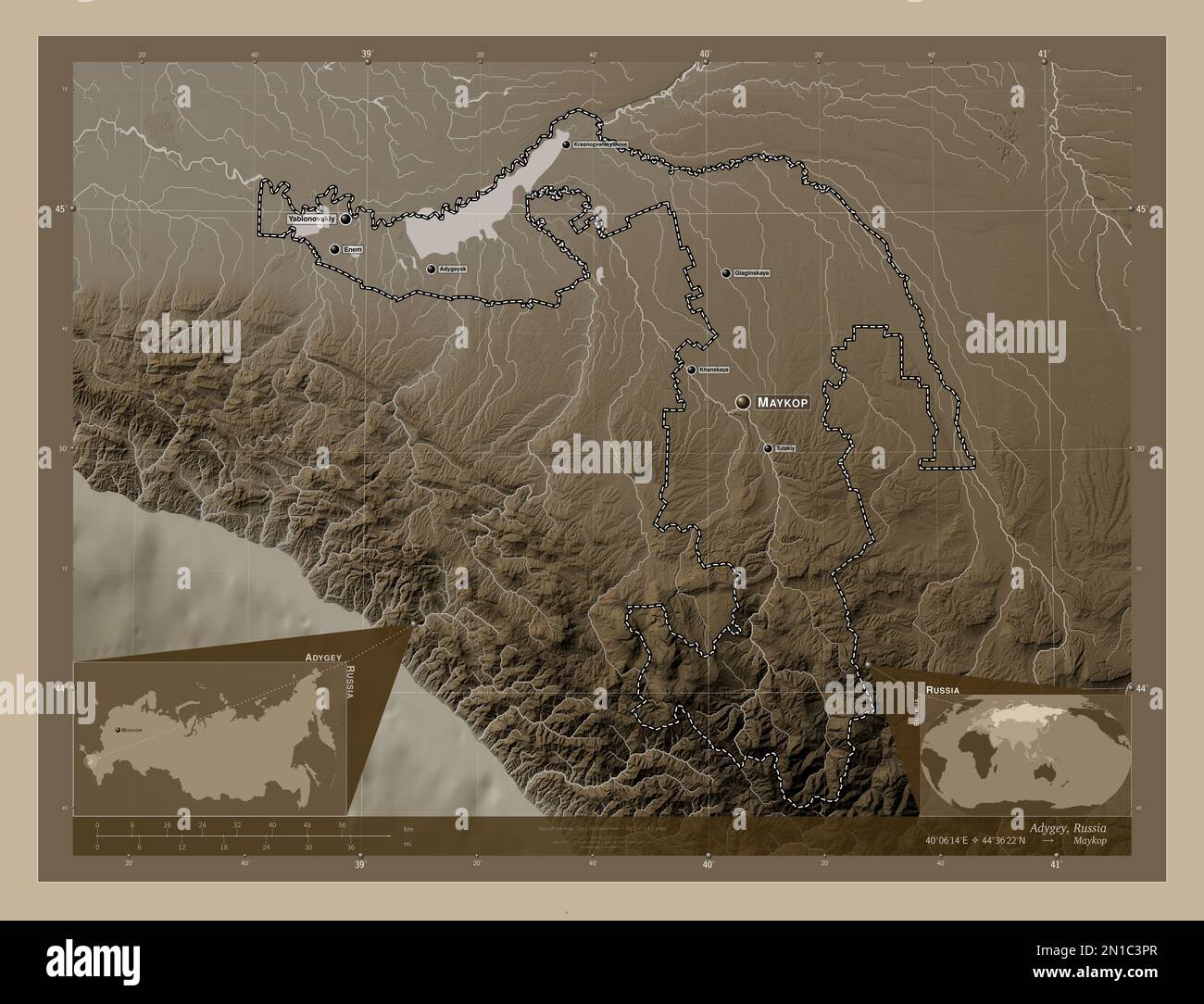 Adygey, republic of Russia. Elevation map colored in sepia tones with ...