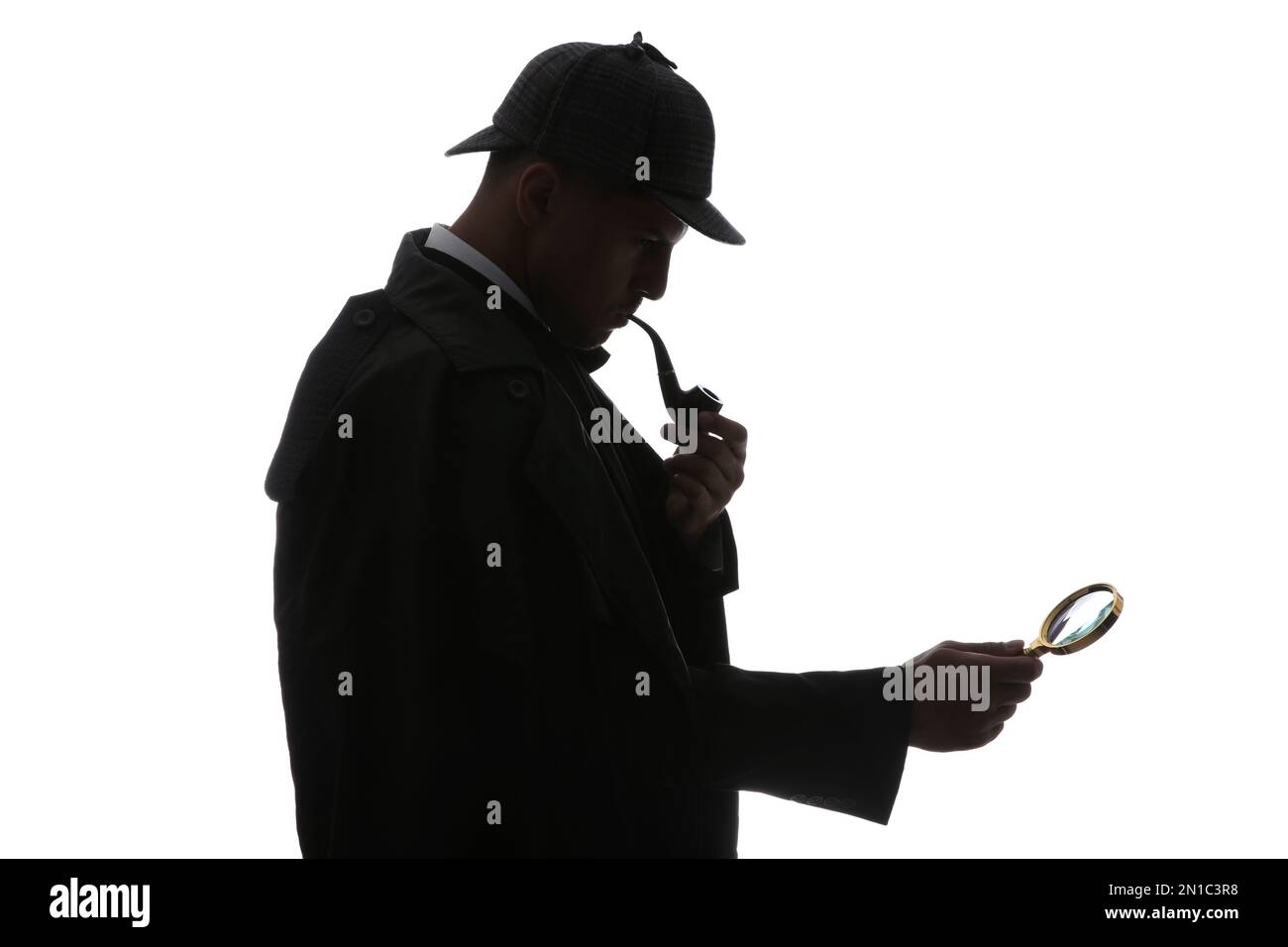 Old fashioned detective with smoking pipe and magnifying glass on white ...