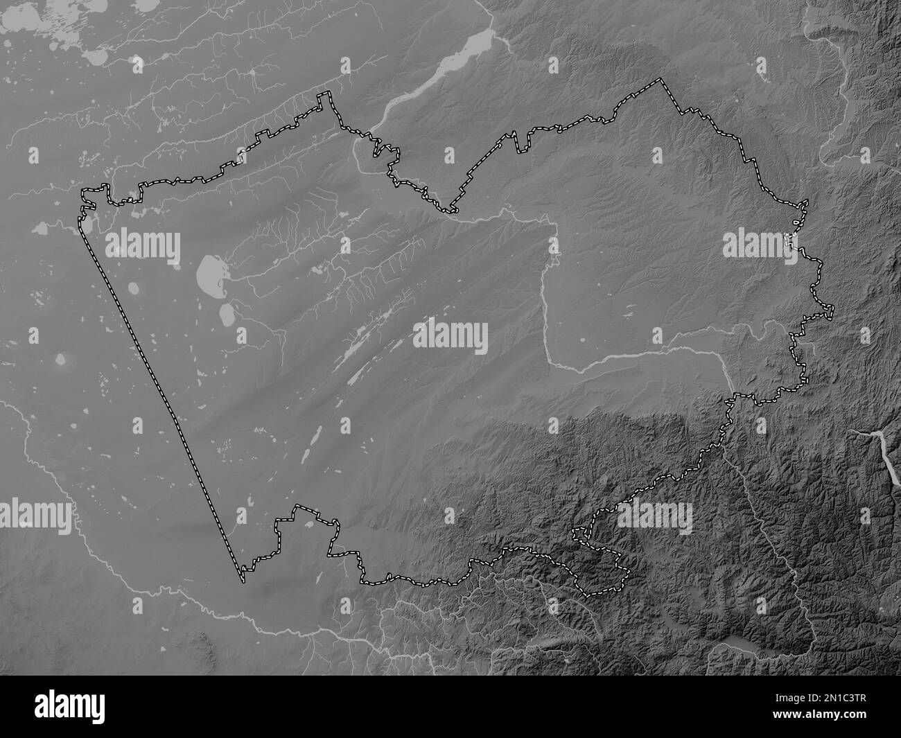 Altay, territory of Russia. Grayscale elevation map with lakes and ...