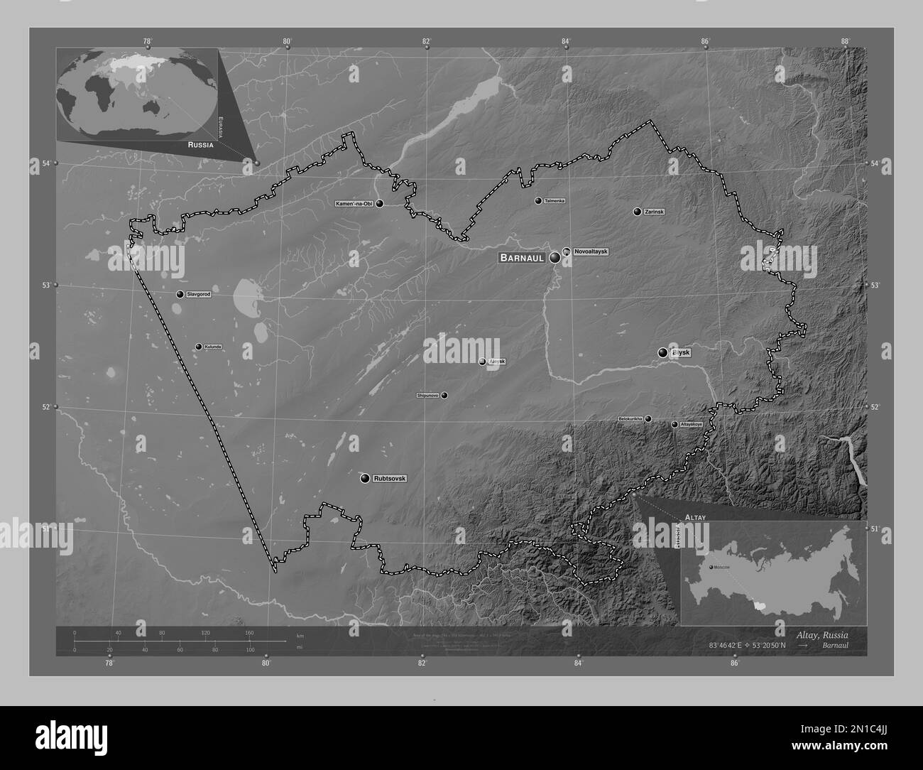 Altay, territory of Russia. Grayscale elevation map with lakes and ...
