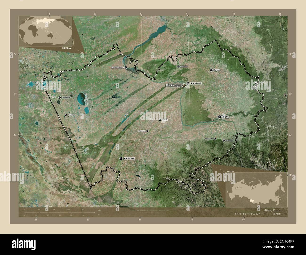 Altay, territory of Russia. High resolution satellite map. Locations ...