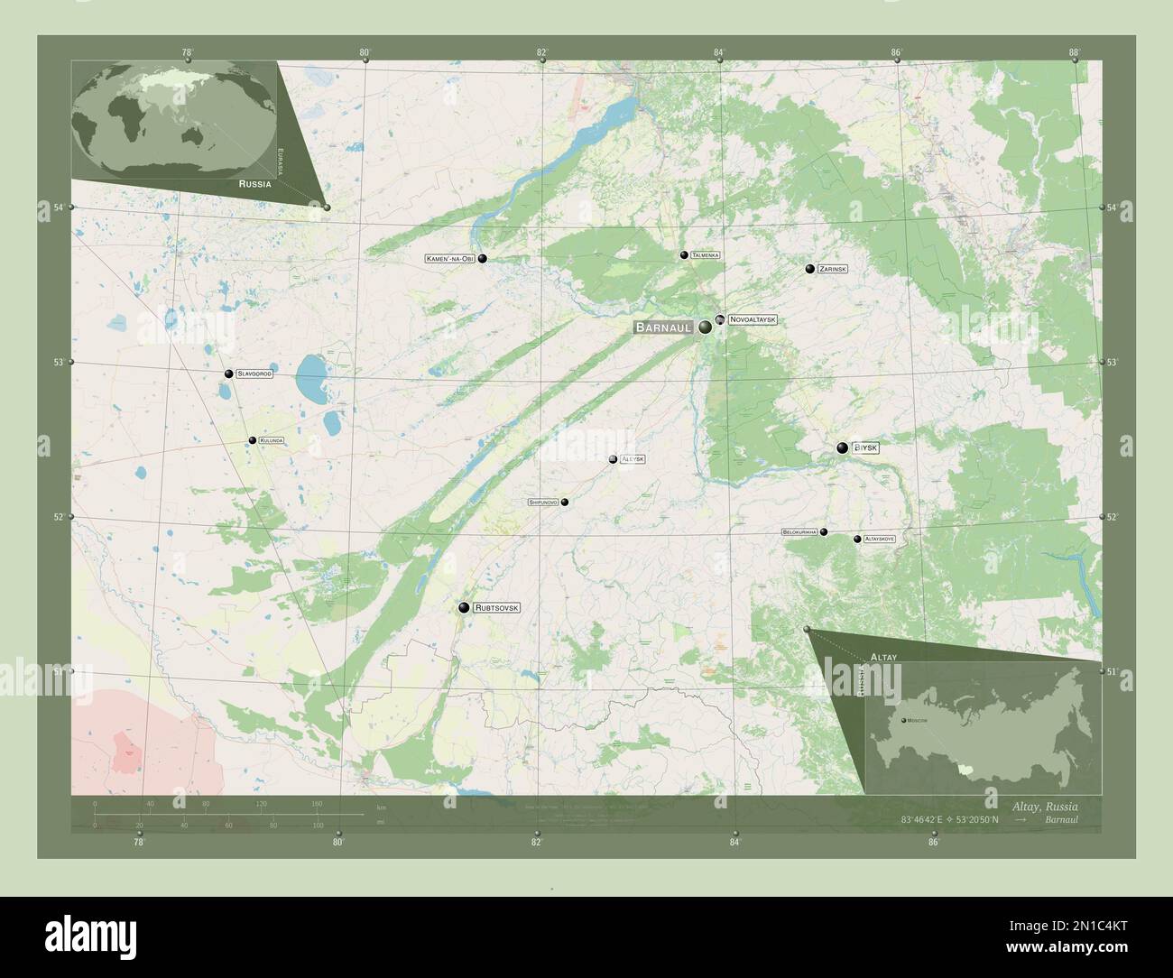 Altay, territory of Russia. Open Street Map. Locations and names of ...