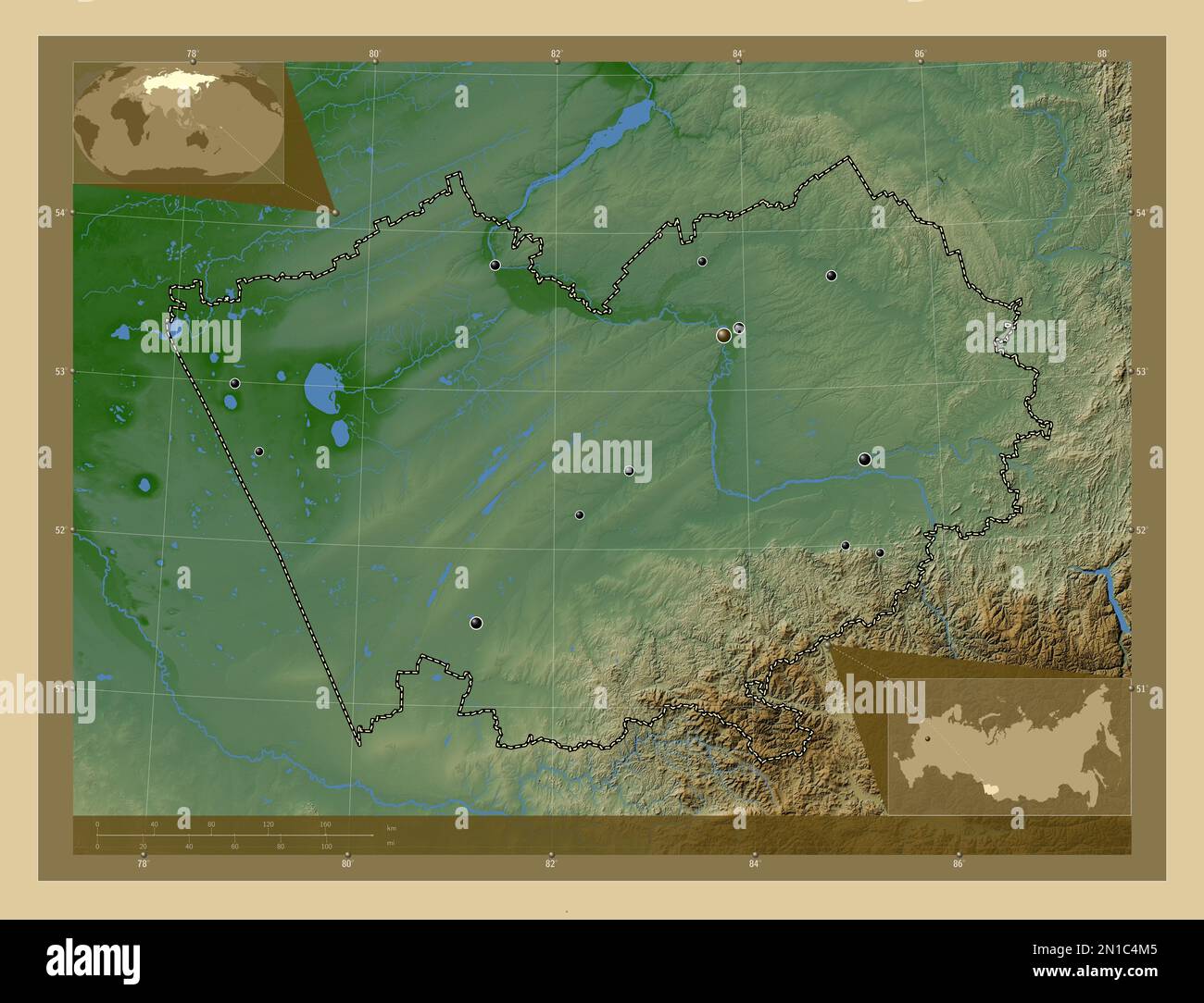 Altay, territory of Russia. Colored elevation map with lakes and rivers ...