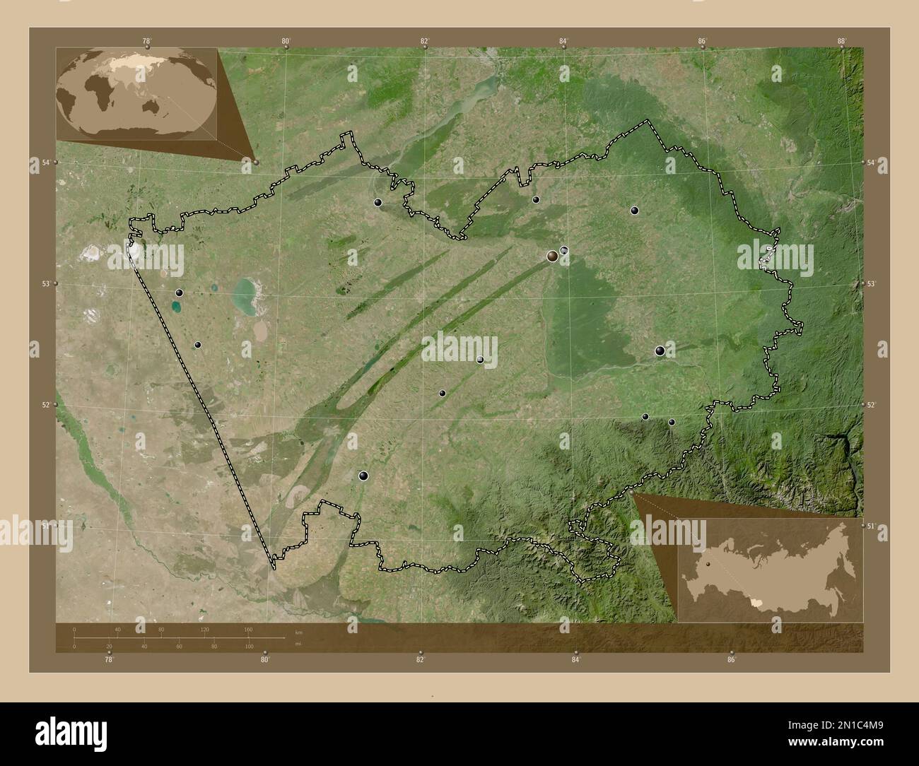 Altay, territory of Russia. Low resolution satellite map. Locations of ...