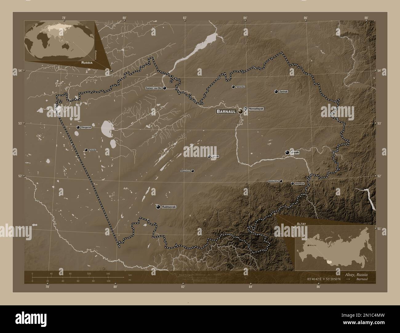 Altay, territory of Russia. Elevation map colored in sepia tones with ...
