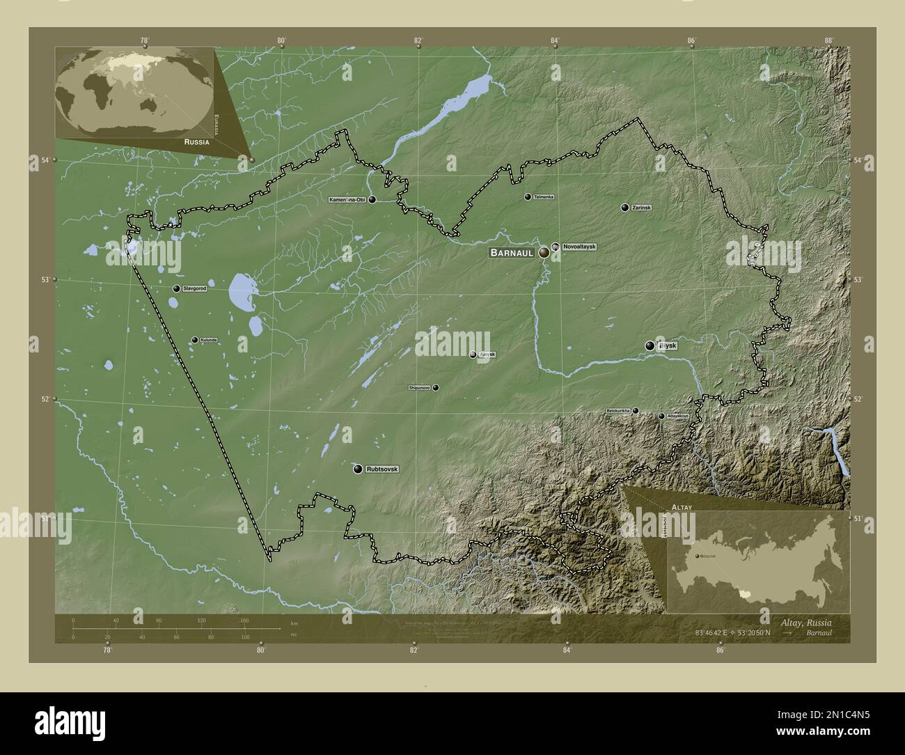 Altay, territory of Russia. Elevation map colored in wiki style with ...