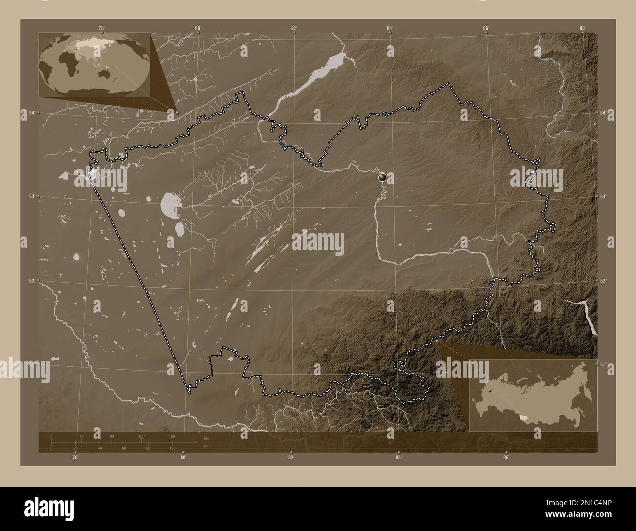 Altay, territory of Russia. Elevation map colored in sepia tones with ...