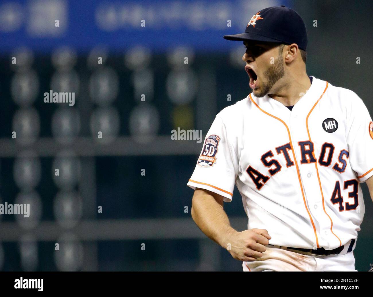 Houston Astros starting pitcher Lance McCullers yells after striking ...