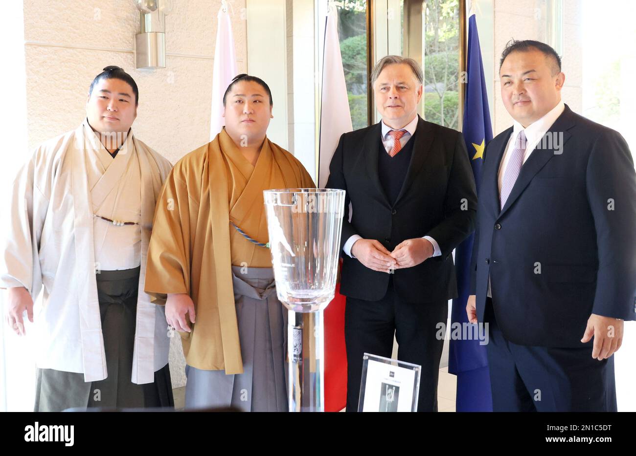 Tokyo, Japan. 6th Feb, 2023. Sumo wrestlers Wakamotoharu (L ...