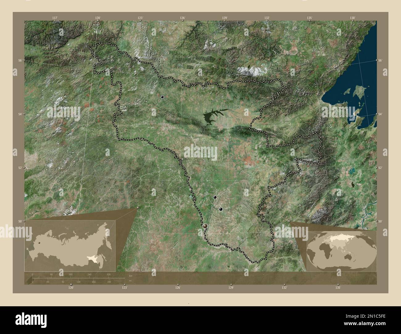 Amur, region of Russia. High resolution satellite map. Locations of ...