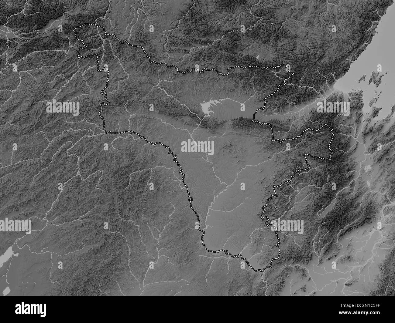 Amur, region of Russia. Grayscale elevation map with lakes and rivers ...