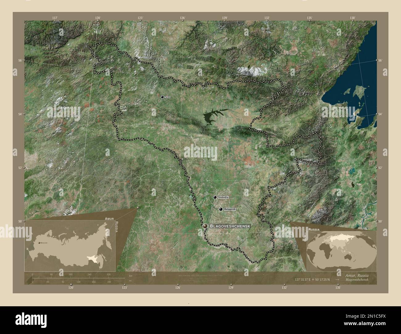 Amur, region of Russia. High resolution satellite map. Locations and ...
