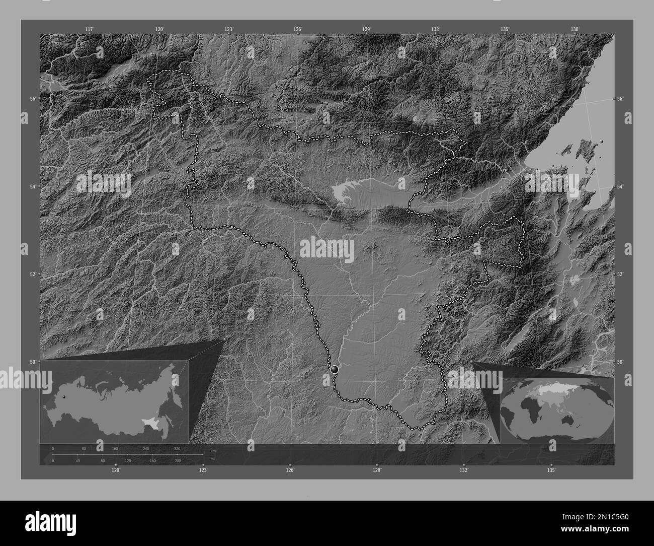 Amur, region of Russia. Bilevel elevation map with lakes and rivers ...