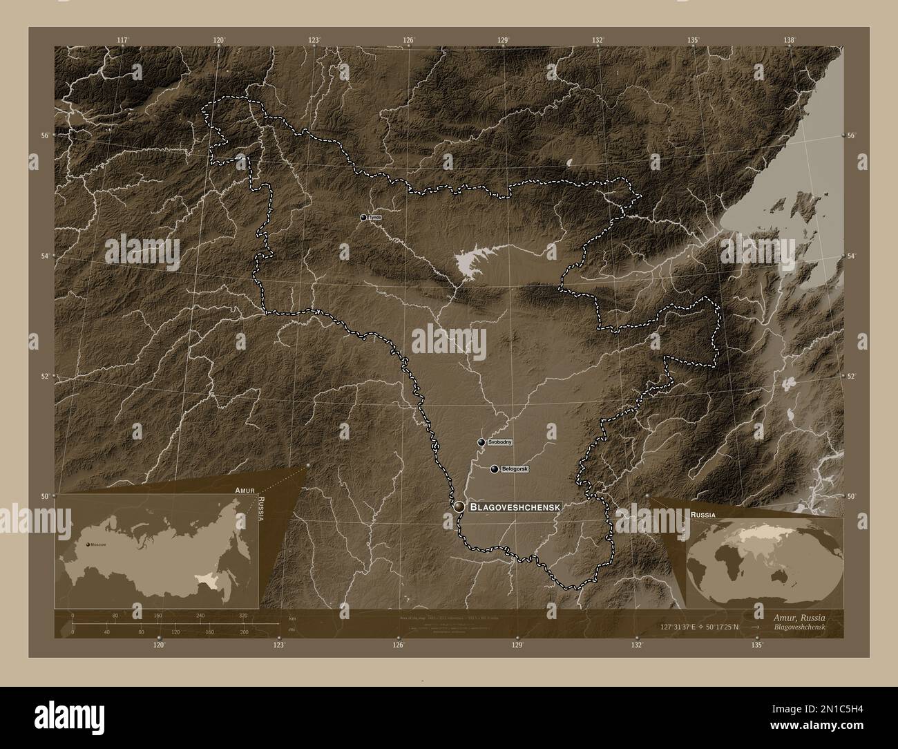 Amur, region of Russia. Elevation map colored in sepia tones with lakes ...